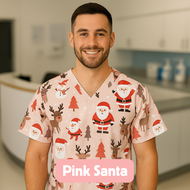 Festive Pink Santa Christmas Scrub Top for Healthcare Pros